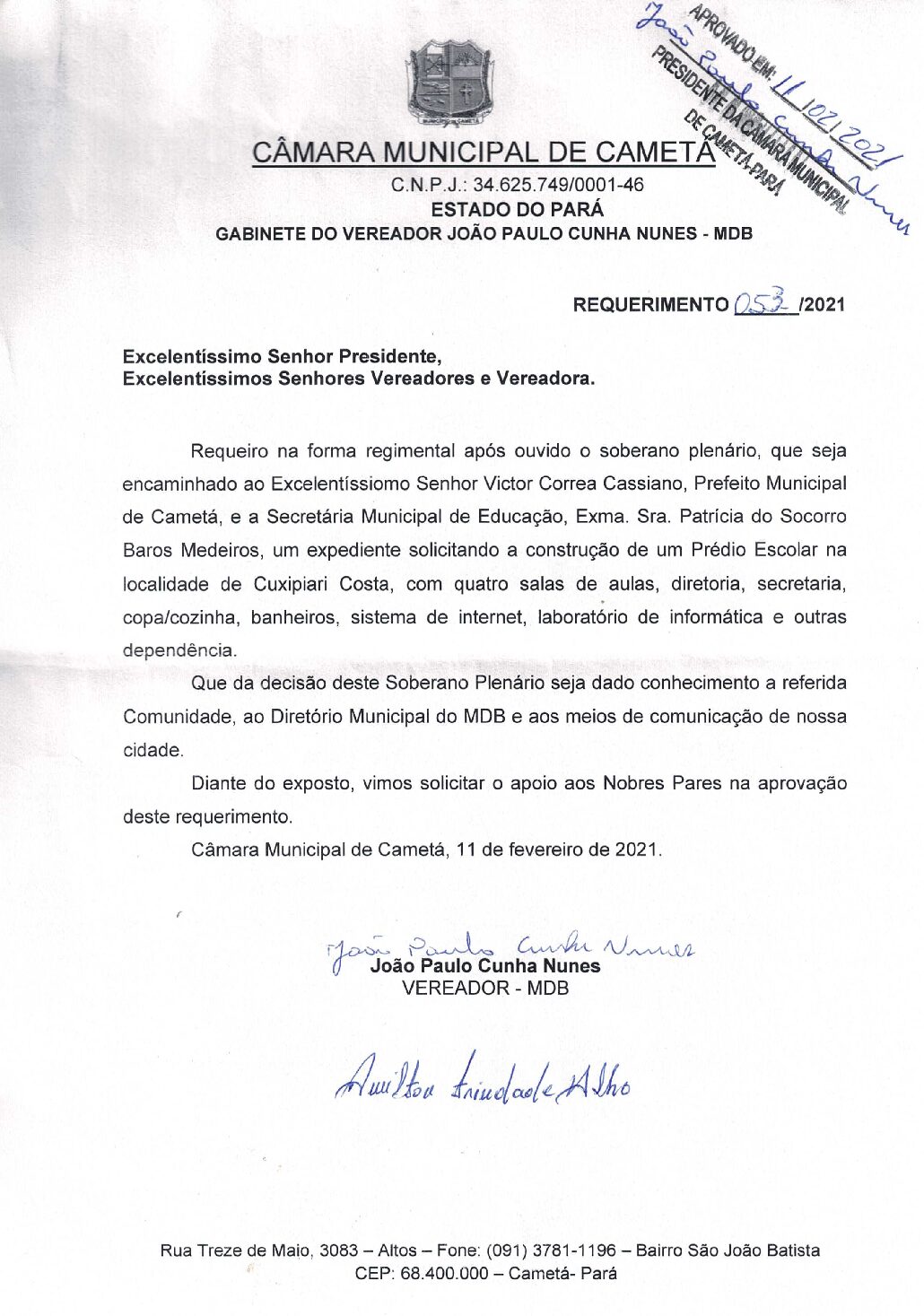Requerimento nº 053-2021 - Vereador João Paulo solicita construção de ...
